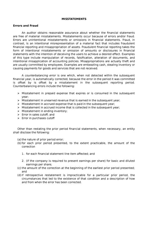 errors and fraud n fs misstatements errors and fraud an auditor