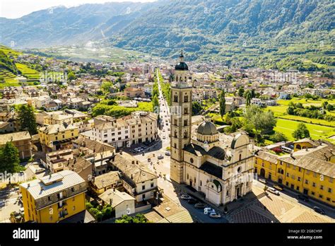 Tirano Valtellina Italy Aerial View Of The City And The Sanctuary Of The Blessed Virgin Stock