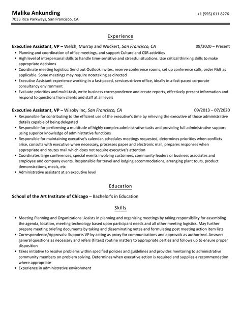 Executive Assistant Vp Resume Samples Velvet Jobs