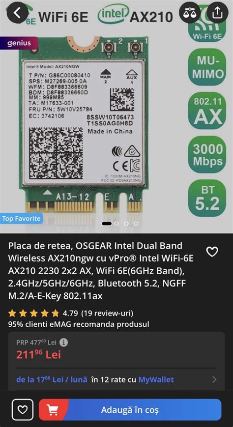 Placa De Retea OSGEAR Intel Dual Band Wireless AX210NGW Sanmihaiu Roman OLX Ro