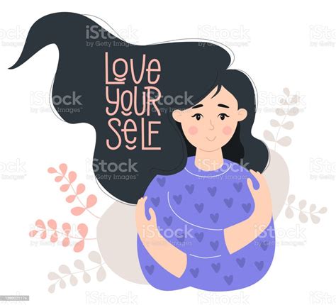 너 자신을 사랑해 헤어 스타일을 가진 예쁜 여자가 자신을 껴안고 있습니다 개념 자신을 사랑하고 자신과 보살핌을위한 시간을 찾으십시오 벡터 일러스트레이션 장식과 디자인을위한