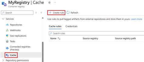 Azure Portal을 사용하여 Azure Container Registry에서 아티팩트 캐시 사용 Azure