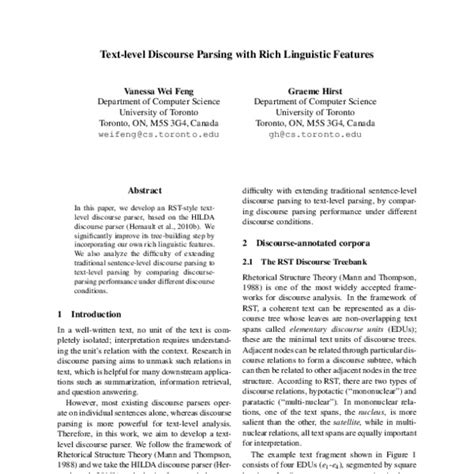 Text Level Discourse Parsing With Rich Linguistic Features Acl Anthology