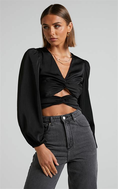 Ransley Top Cut Out Twist Front Long Sleeve Blouse In Black Showpo