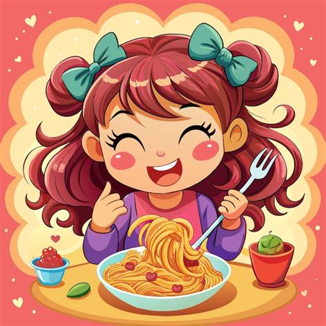 Um Desenho Animado De Uma Menina Comendo Espaguete Com Um Garfo E Uma