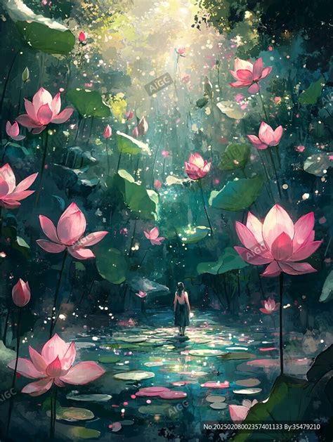 Ai创作图梦幻荷花图 荷花池插画 幻境莲花 荷塘插画 插画睡莲 梦幻场景插画 意境风景画水彩荷花 荷花大场景 荷塘意境图 唯美仙境插画 荷花古风插画 唯美意境荷塘 睡莲插画 数码手绘荷花 幻想