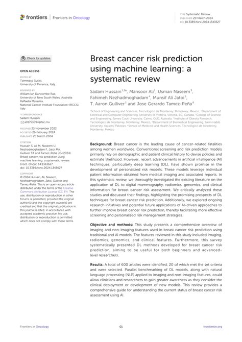 Pdf Breast Cancer Risk Prediction Using Machine Learning A Systematic Review