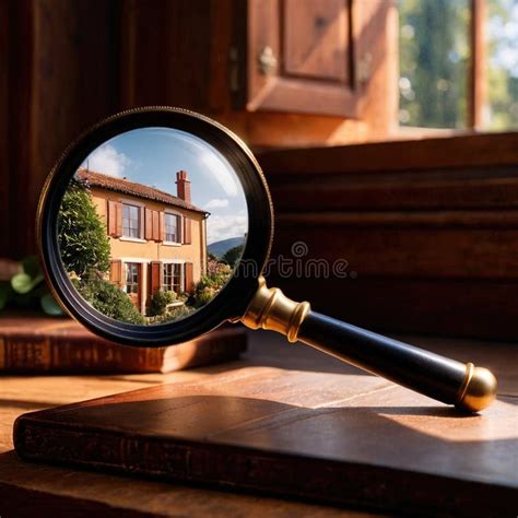 House Hunting Property Search Magnifying Glass Looking At Home Stock