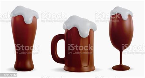 흰색 배경에 격리된 어두운 맥주 잔을 설정합니다 현실적인 최소 스타일의 3d 만화 그림 수집 현대 벡터 그래픽 요소 3차원 형태에 대한 스톡 벡터 아트 및 기타 이미지