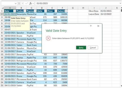 Using Date Function In Data Validation In Excel