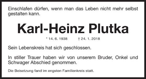 Traueranzeigen Von Karl Heinz Plutka Trauer Nn De