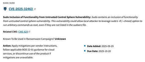 Cve 2025 32463 Sudo Privilege Escalation Vulnerability Exploited Cisa Warns Socradar® Cyber