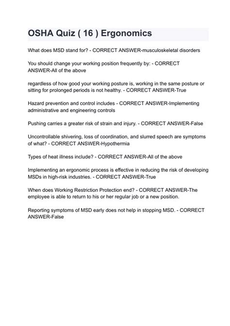 Osha Quiz 16 Ergonomic Questions And Answers 2024 Osha Qu