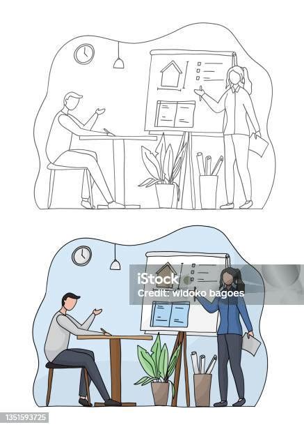 사람 프리젠 테이션의 색칠 페이지 핸드 드로잉 스타일을 가진 사람들을 프레젠테이션할 수 있습니다 프레젠테이션 아이콘 디자인입니다