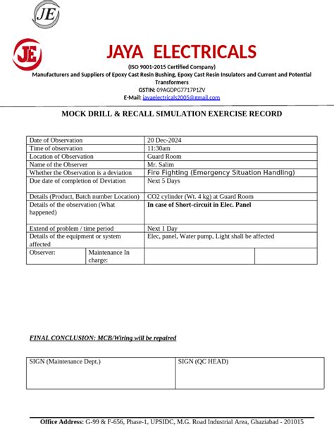 Mock Drill And Recall Simulation Exercise Record Pdf Mock Drill And Recall Simulation Exercise Record Pdf