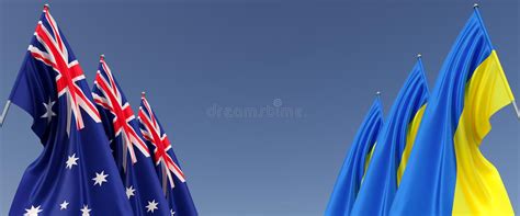 Flags Of Ukraine And Australia On Flagpoles On Sides Flags On Blue