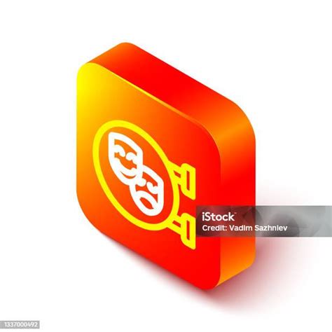 백색 배경에 고립 된 등색 라인 코미디와 비극 연극 마스크 아이콘 주황색 정사각형 버튼 벡터 3차원 형태에 대한 스톡 벡터 아트 및 기타 이미지 Istock