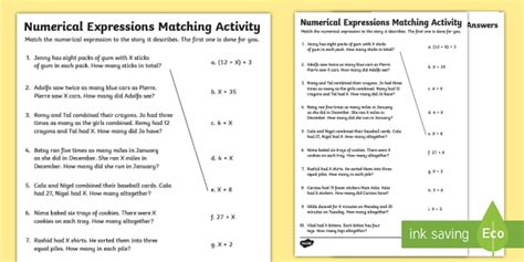 Numerical Expressions Matching Worksheet Worksheet
