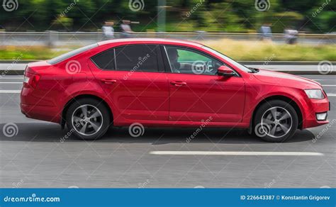 Red Skoda Octavia Mk3 Car Third Generation Speed Driving On Asphalt