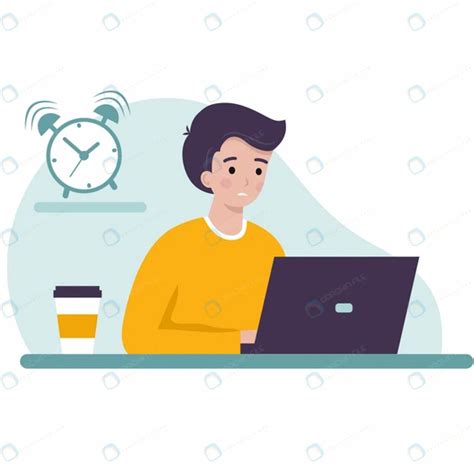خرید و قیمت وکتور کاراکتر پسر نوجوان درحال کار با لپ تاپ همراه با قهوه ترب