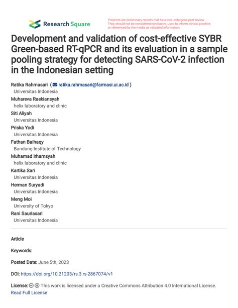 Pdf Development And Validation Of Cost Effective Sybr Green Based Rt Qpcr And Its Evaluation