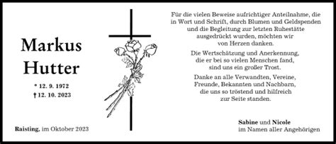 Traueranzeigen Von Markus Hutter Augsburger Allgemeine Zeitung