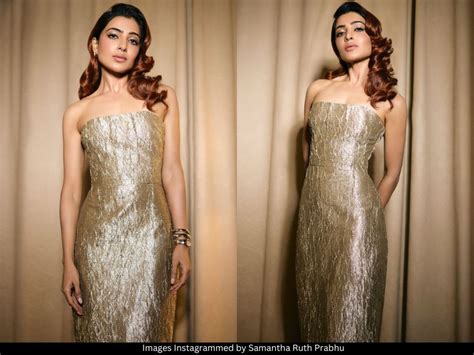 Samantha Ruth Prabhu Stuns In Crinkled Gold Strapless Dress See Pics