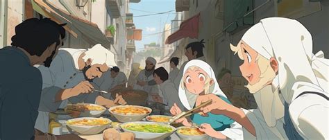 Premium Photo Anime Characters Eating Food In A Crowded Alleyway With