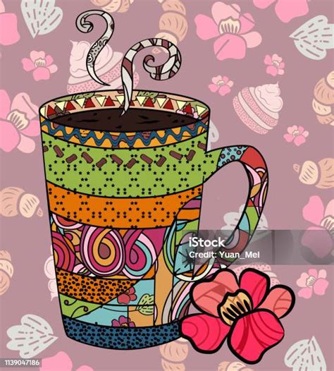 베이킹과 꽃으로 둘러싸인 Zenart 스타일의 컵 차 또는 커피 젠 탱 글 낙서의 스타일에 추상적인 패턴으로 컵 벡터 일러스트입니다 0명에 대한 스톡 벡터 아트 및 기타