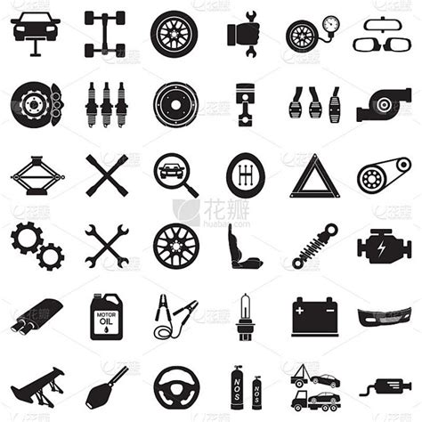 汽车零部件图标。黑色的平面设计。矢量插图。素材 花瓣网