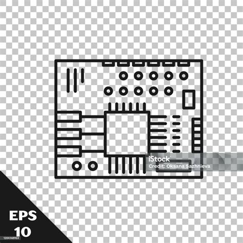 투명 한 배경에 격리 된 블랙 라인 인쇄 회로 기판 Pcb 아이콘 벡터 일러스트레이션 Cpu에 대한 스톡 벡터 아트 및 기타