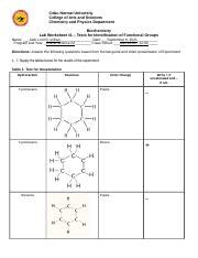 Lab Worksheet Tests For Identification Functional Groups Cebu Normal University College Of