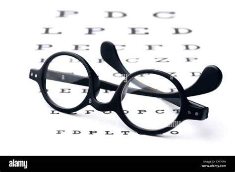 Old Fashioned Round Black Eyeglasses Lying Over The Eye Checking Chart