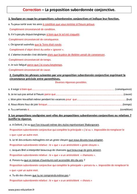 Proposition subordonnée conjonctive 5ème Evaluation à imprimer