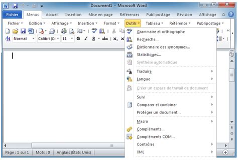 Où se trouve le menu Outils dans Word 2007 2010 2013 et 2016