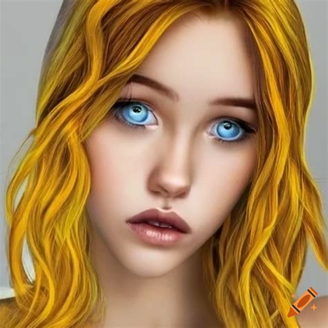 Portrait Of A Woman With Blue Eyes And Yellow Wavy Hair On Craiyon