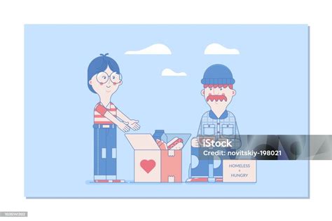 자원 봉사자 개념을 디자인합니다 가난한 집 없는 사람에 게 기부를 주는 소년 이타주의에 대한 스톡 벡터 아트 및 기타 이미지
