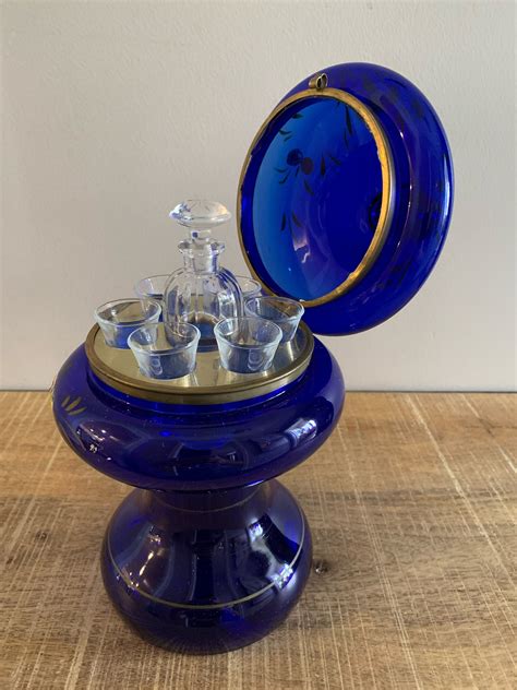 1940s Czechoslovakia Cobalt Blue Bohemian Glass Decanter Floral Hand