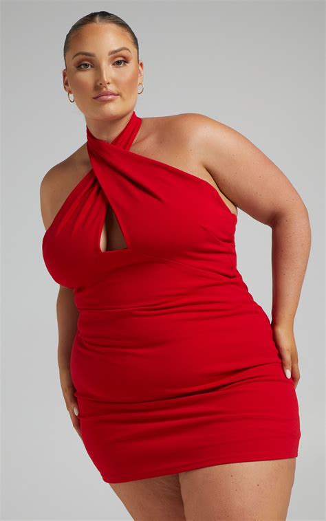 Sascha Keyhole Halter Neck Mini Dress In Red Showpo