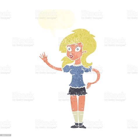 말풍선이 있고 손 흔드는 여자 뽀샤시 대한 관심을 말풍선을 거친에 대한 스톡 벡터 아트 및 기타 이미지 거친 귀여운