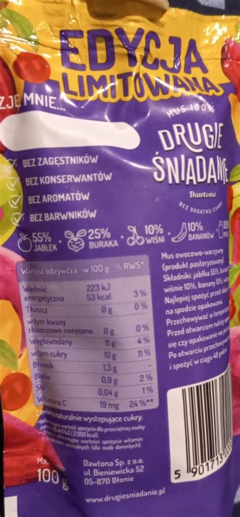 Drugie śniadanie mus bez dodatku cukru burak jabłko wiśnia banan