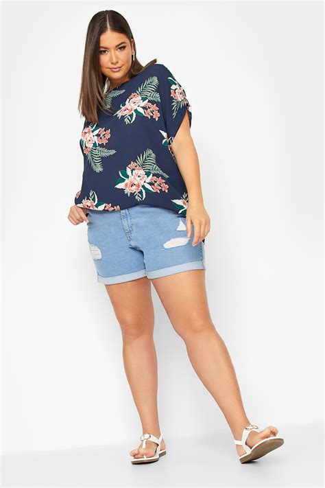 Yours Plus Size Navy Blue Tropical Print Zip Back Oversized Top Yours
