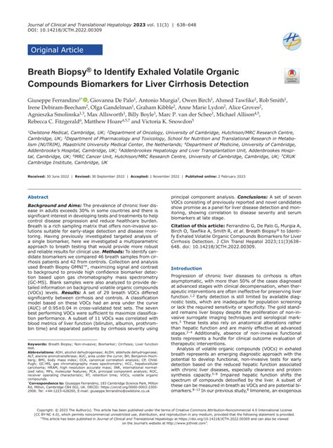 Pdf Breath Biopsy To Identify Exhaled Volatile Organic Compounds Biomarkers For Liver