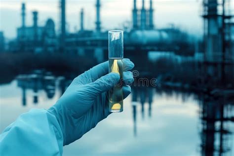 Gloved Hand Holding A Test Tube With Contaminated Water Sample Against