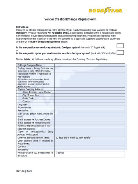 Doc Vendor Creation Change Request Goodyear Suppliers Doc Template