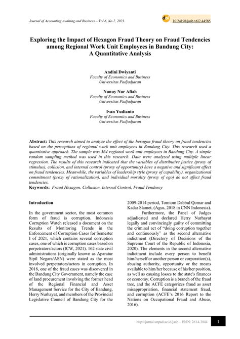 Pdf Exploring The Impact Of Hexagon Fraud Theory On Fraud Tendencies Among Regional Work Unit