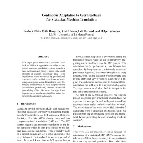 Continuous Adaptation To User Feedback For Statistical Machine Translation Acl Anthology