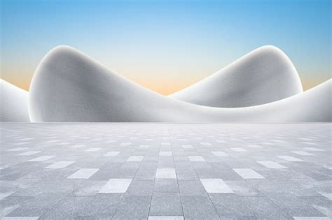 空のコンクリートの床と湾曲した壁澄んだ空の背景にモダンな建物 まぶしいのストックフォトや画像を多数ご用意 まぶしい アスファルト
