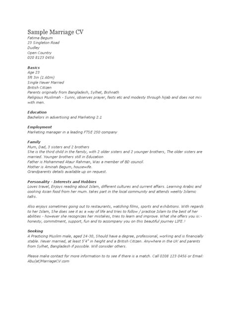 Sample Marriage Cv Basics Pdf