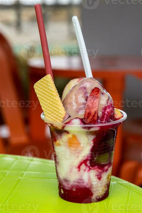 Traditional Sweet Water Ice With Fruits Called Cholado In The City Of